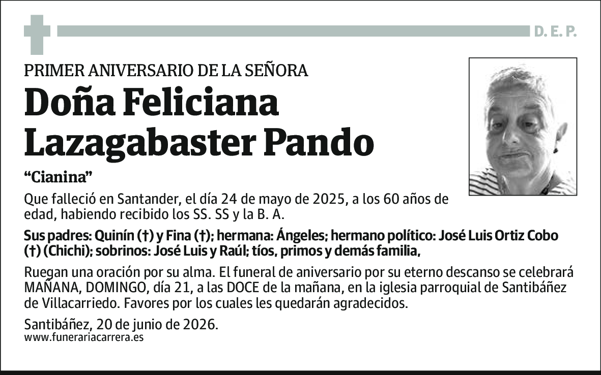 Pando Lazagabaster Feliciana | Esquela | El Diario Montañés